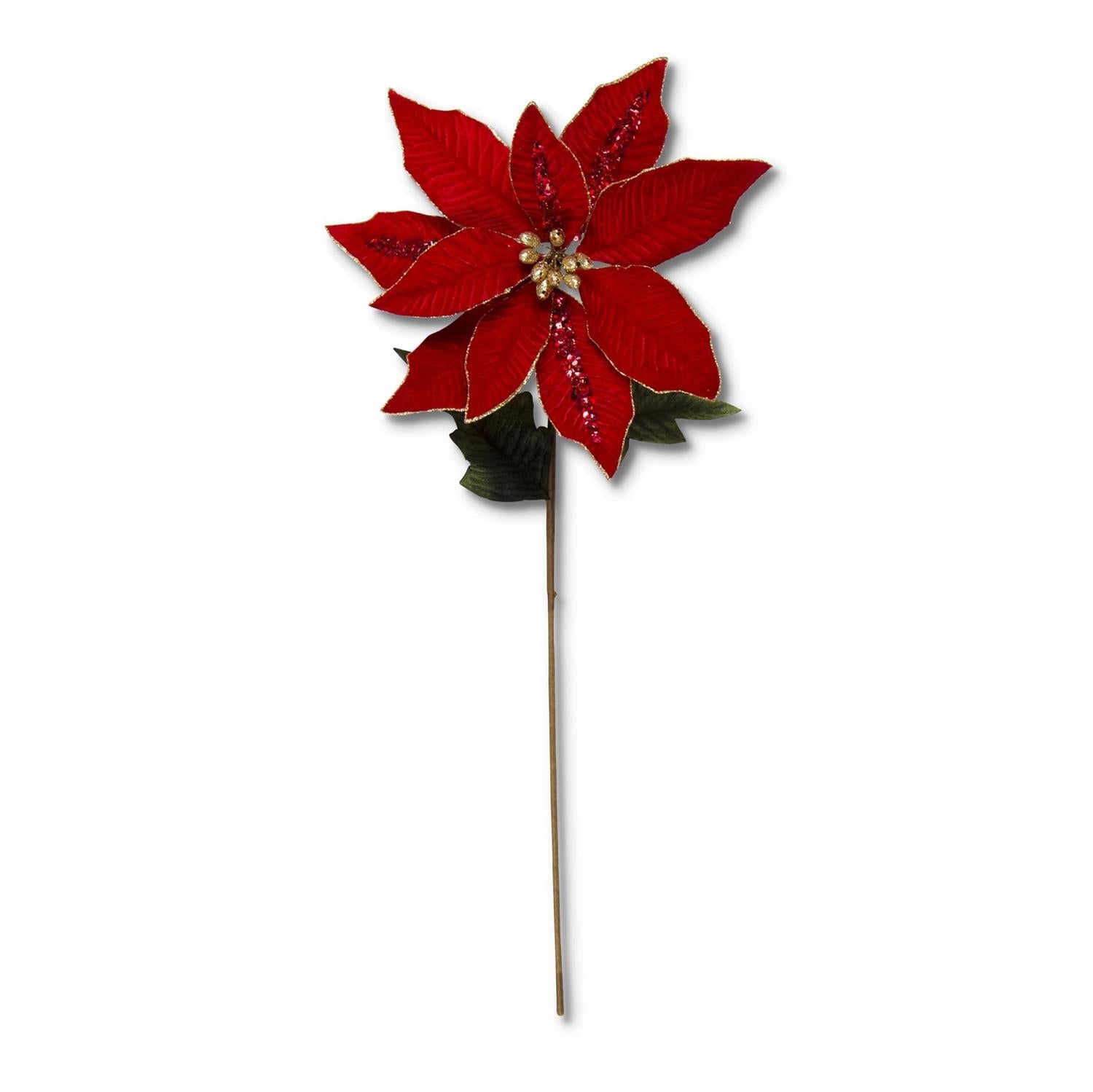 30 Inch Red Velvet Poinsettia Stem w/Sequins Gold Trim & Center